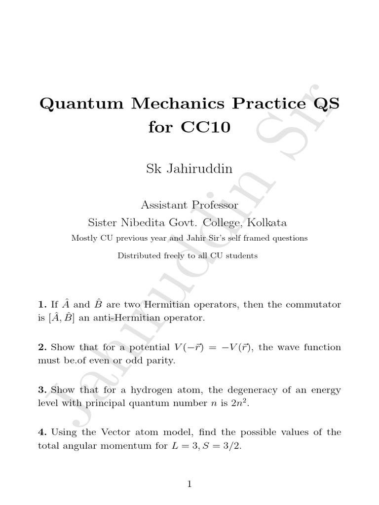 CC10 Quantum Practice Qs | PDF | Wave Function | Hamiltonian (Quantum Mechanics)