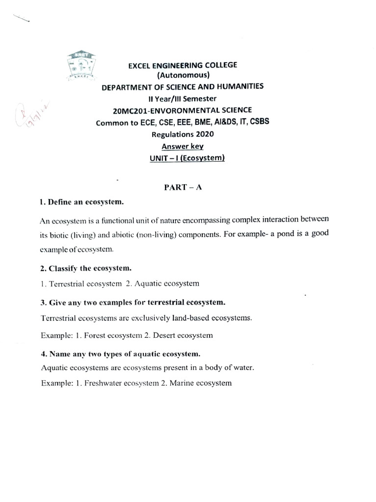 EVS Unit 1 Answer Key | PDF | Ecosystem | Food Web