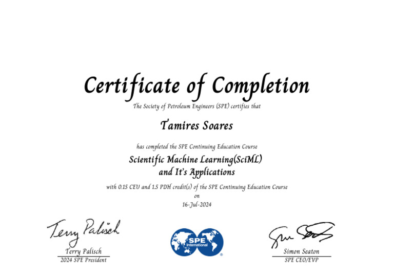 SPE Certificate: SciML Course Completion | PDF | Technology & Engineering