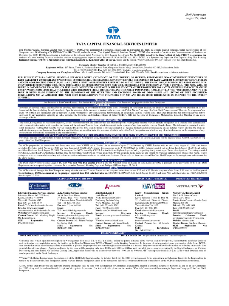Tata Capital Financial Services Limited - Shelf Prospectus Dated August ...