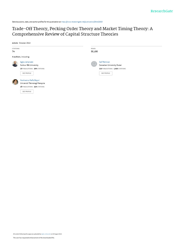 Trade-Off Theory, Pecking Order Theory and Market Timing Theory: A Comprehensive Review of ...