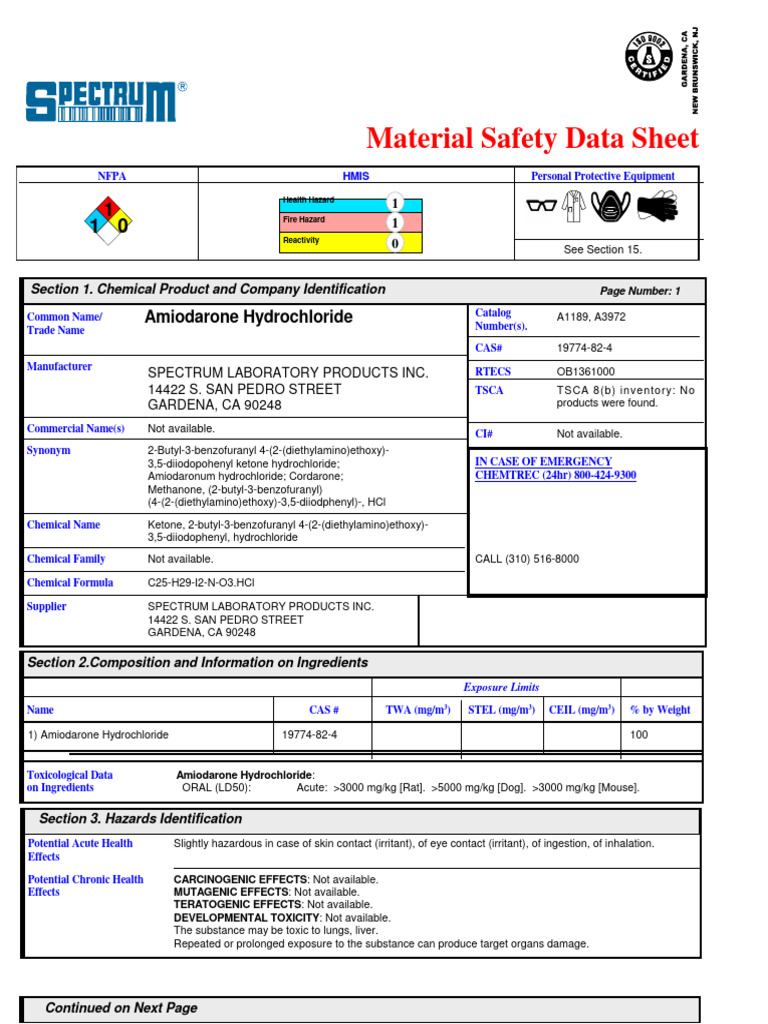 Amiodarone HCl - MSDS | PDF | Water