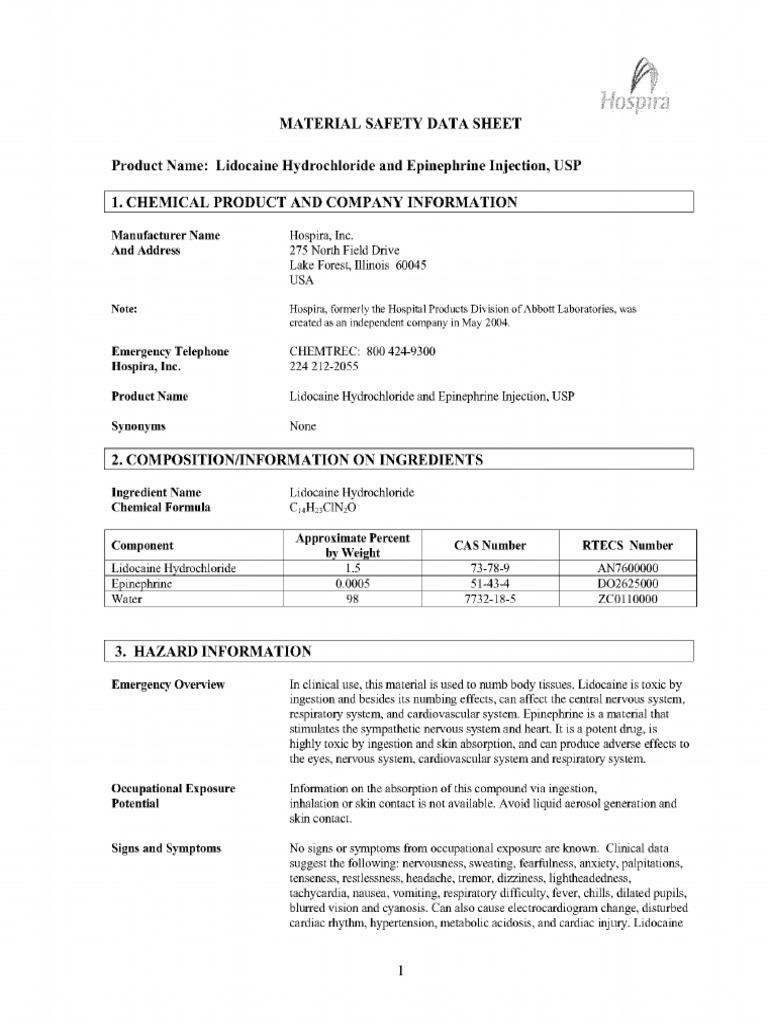 1% Lidocaine & Epinephrine MSDS | PDF