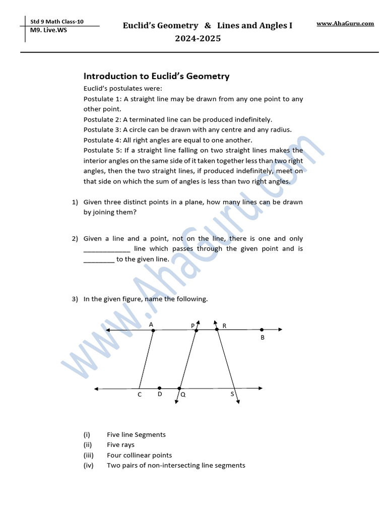 M9.WK10WS 2024 Euclid's Geometry & Lines and Angles I Questions-BS - 1720263290056 - QEtBd | PDF ...
