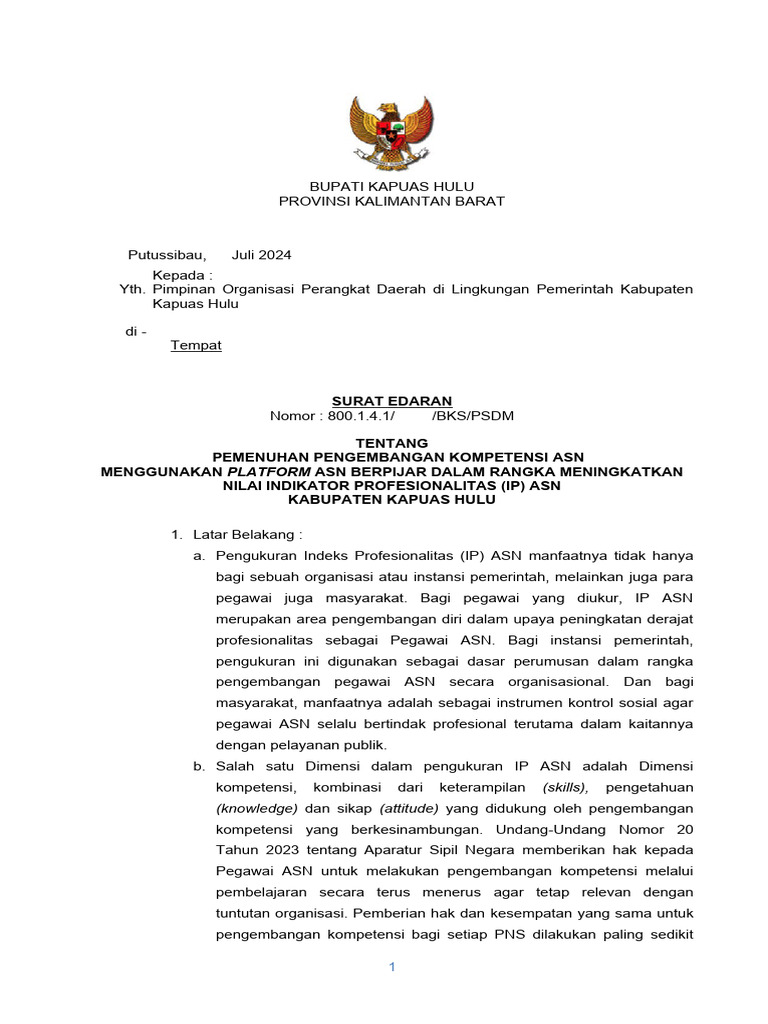 Edit - SURAT EDARAN BUPATI Tentang Platform ASN Berpijar-Koreksi | PDF