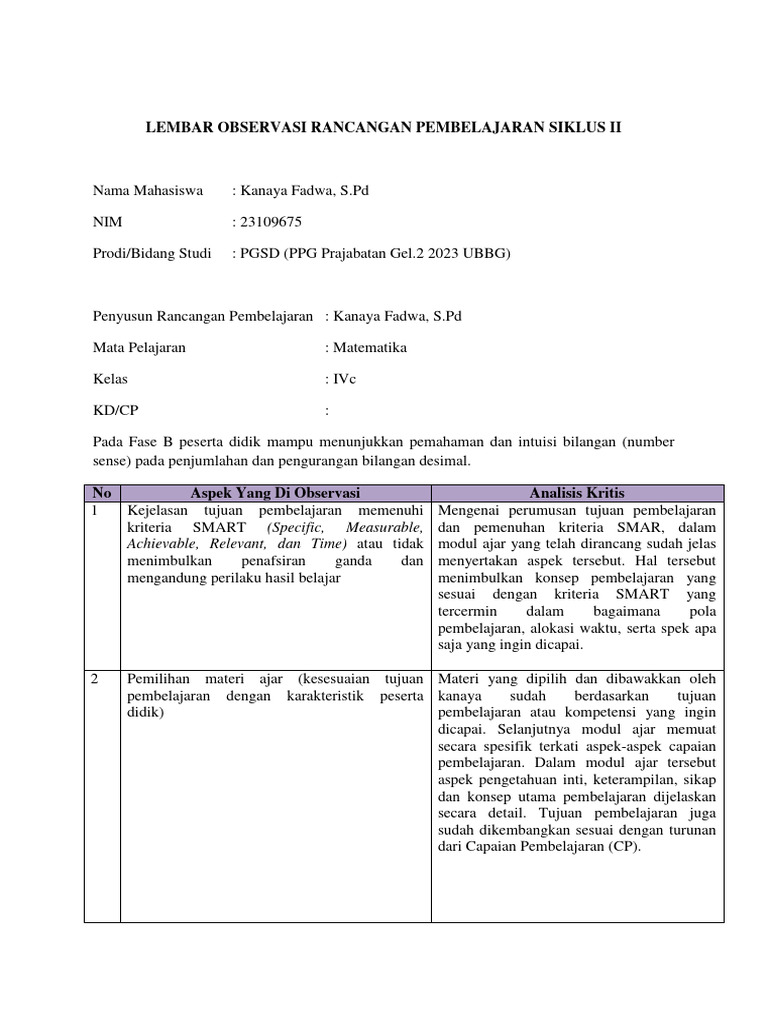 01.05.6-b4-4 LK 3 Lembar Observasi Rancangan Dan Perangkat Pembelajaran-Siklus 2-1 | PDF