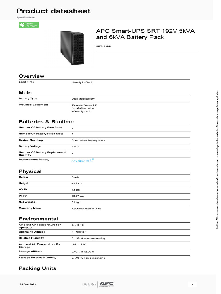 APC SRT192BP 5kVA/6kVA Battery Pack | PDF | Manufactured Goods ...