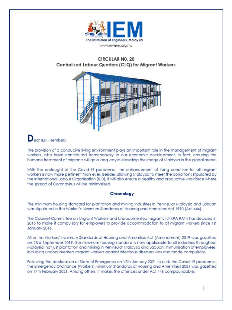 IEM CIRCULAR N0. 20 Centralised Labour Quarters (CLQ) For Migrant ...