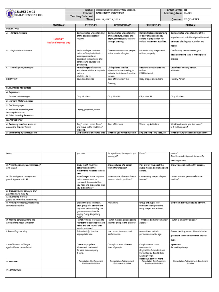 DLL Mapeh-3 Q1 W1 | PDF | Learning | Human Communication