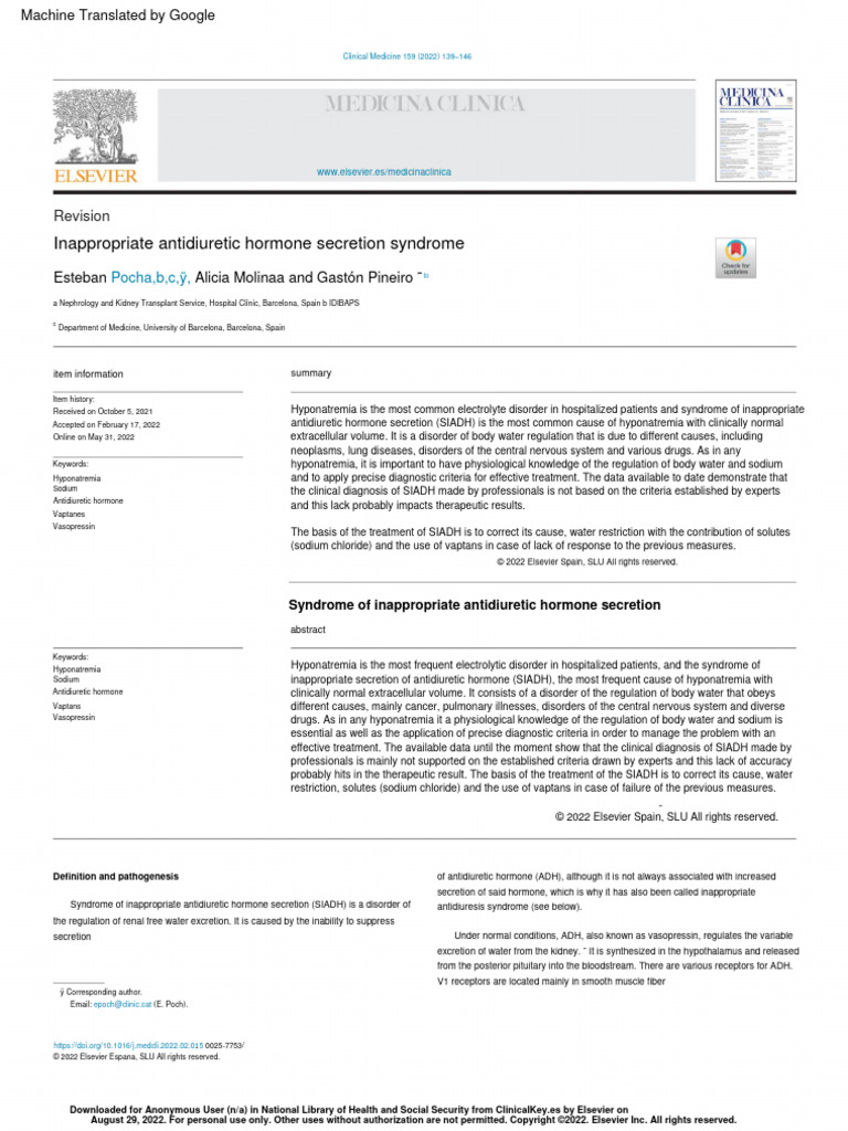 Inappropriate Antidiuretic Hormone Secretion Syndrome: Pocha, B, C, Ÿ ...