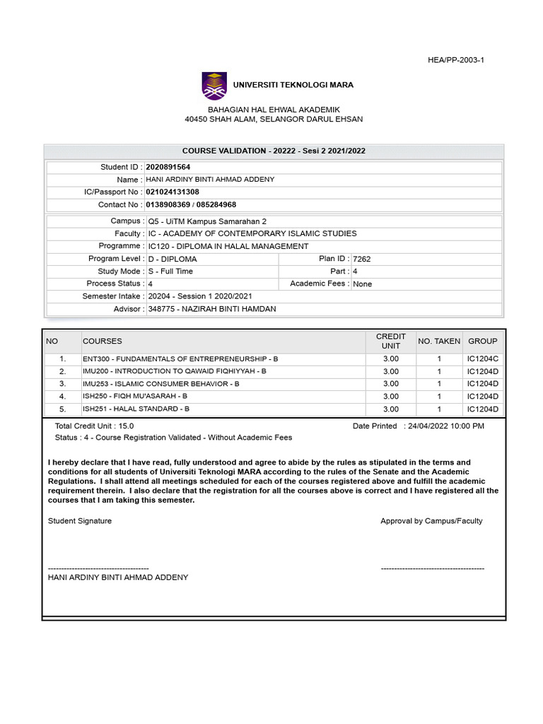 Course Registration Slip - Final | PDF