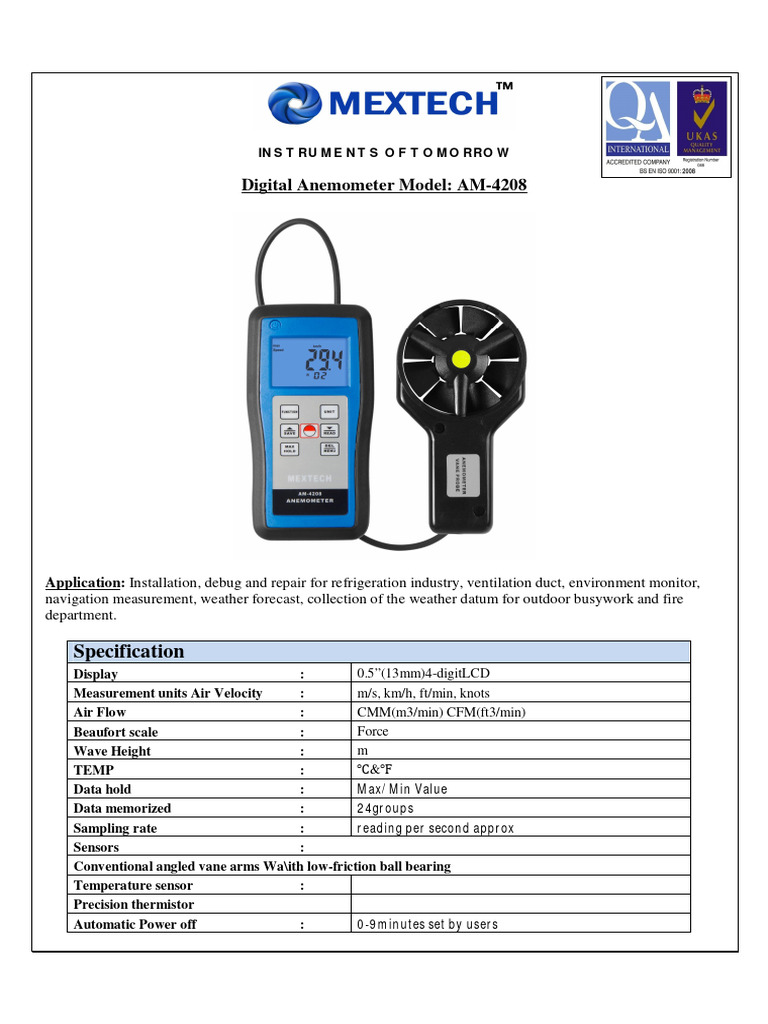 Digital Anemometer AM-4208 Specs | PDF