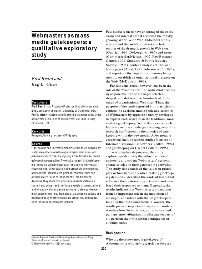 Webmasters As Mass Media Gatekeepers - A Qualitative Exploratory Study ...