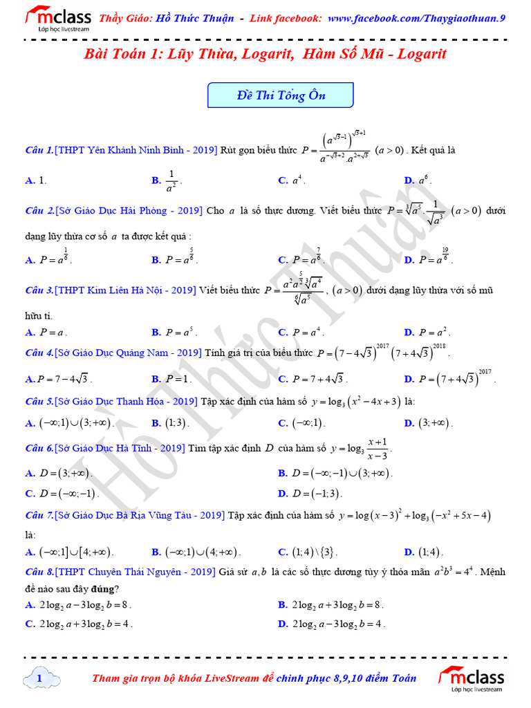 01 - Lũy Thừa, Logarit, Hàm Số Mũ, Logarit - Đề Thi | PDF
