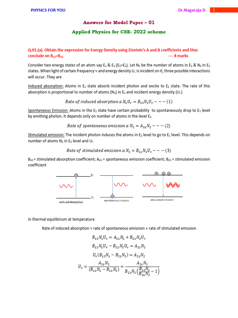 Answers For Paper 1 CSE | PDF | Wave Function | Laser