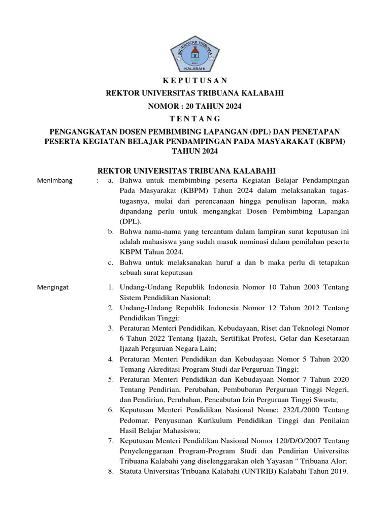 SK Penetapan DPL Dan Penetapan Lokasi KBPM | PDF