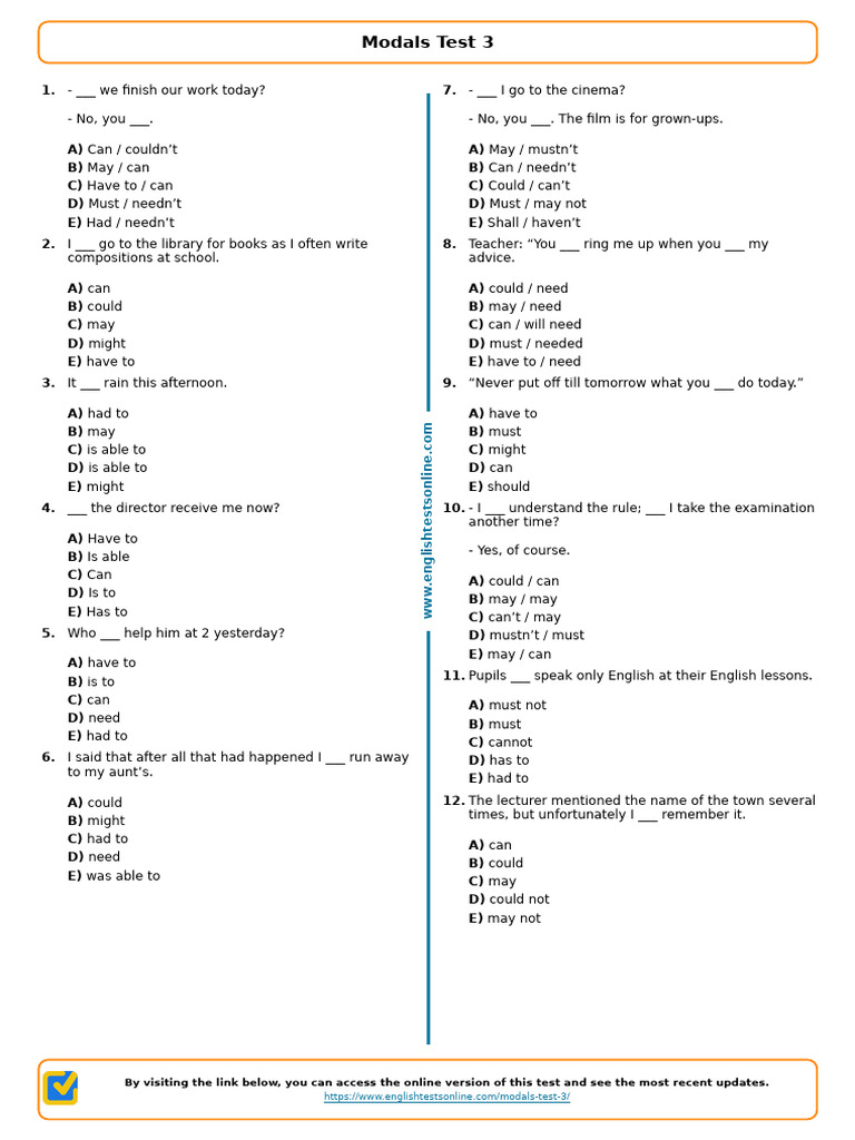 Modals Test 3: English Practice Quiz | PDF