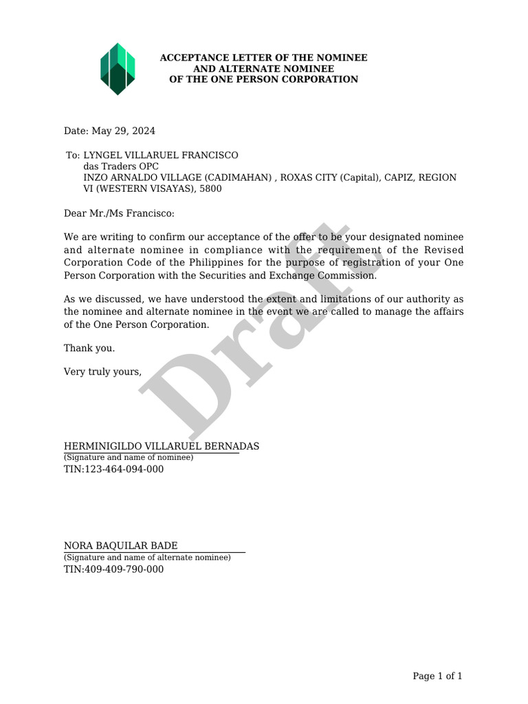 Letter of Acceptance of The Nominee and Alternate Nominee | PDF