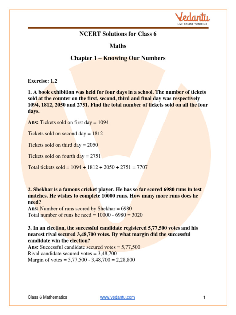 NCERT Solutions Class 6 Maths Exercise 1.2 Chapter 1 - Knowing Our Numbers | PDF