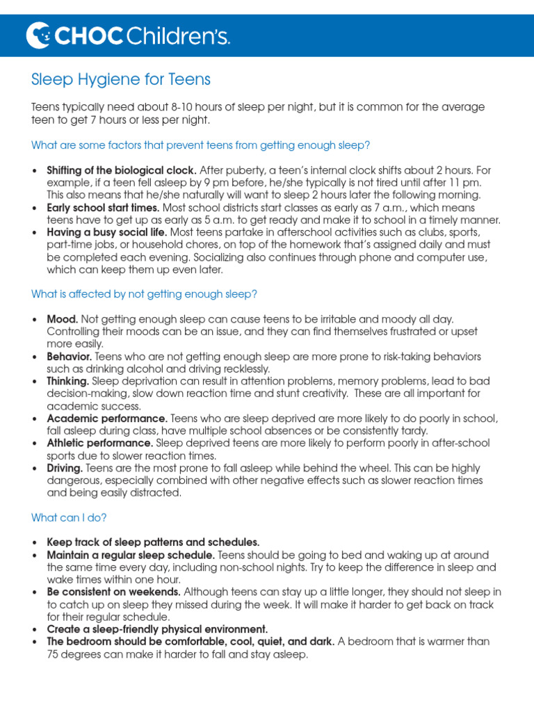 Sleep Hygiene Teen Handout | PDF | Sleep | Adolescence