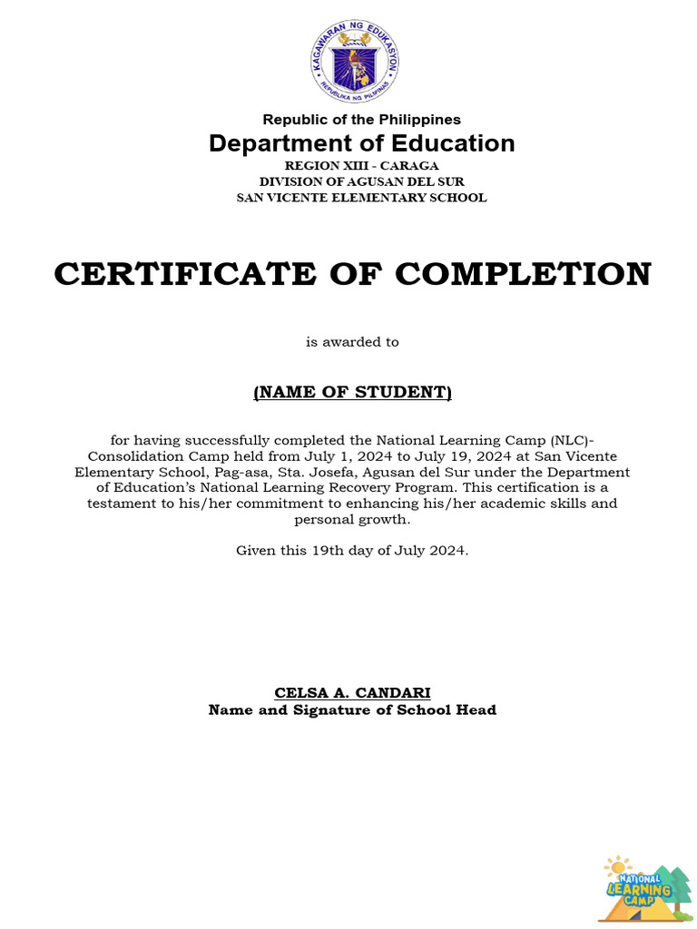 NLC Completion Certificate for Learners | PDF | Philippines