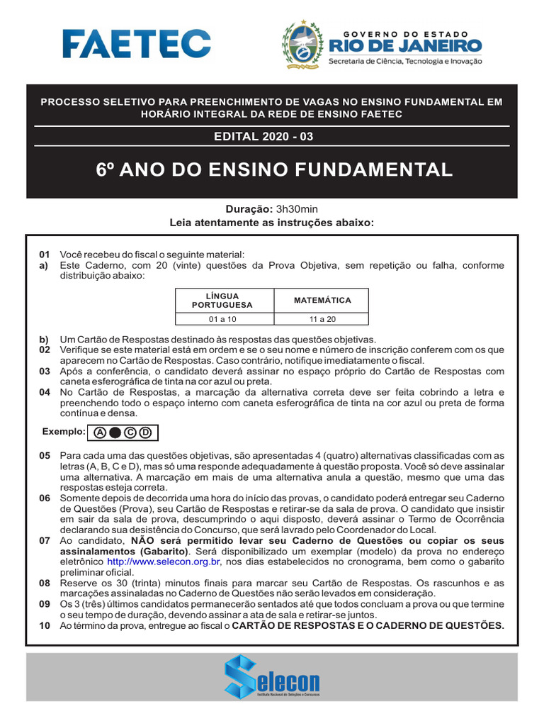 Prova Faetec 2020 6º Ano | PDF | Céu | Geociências