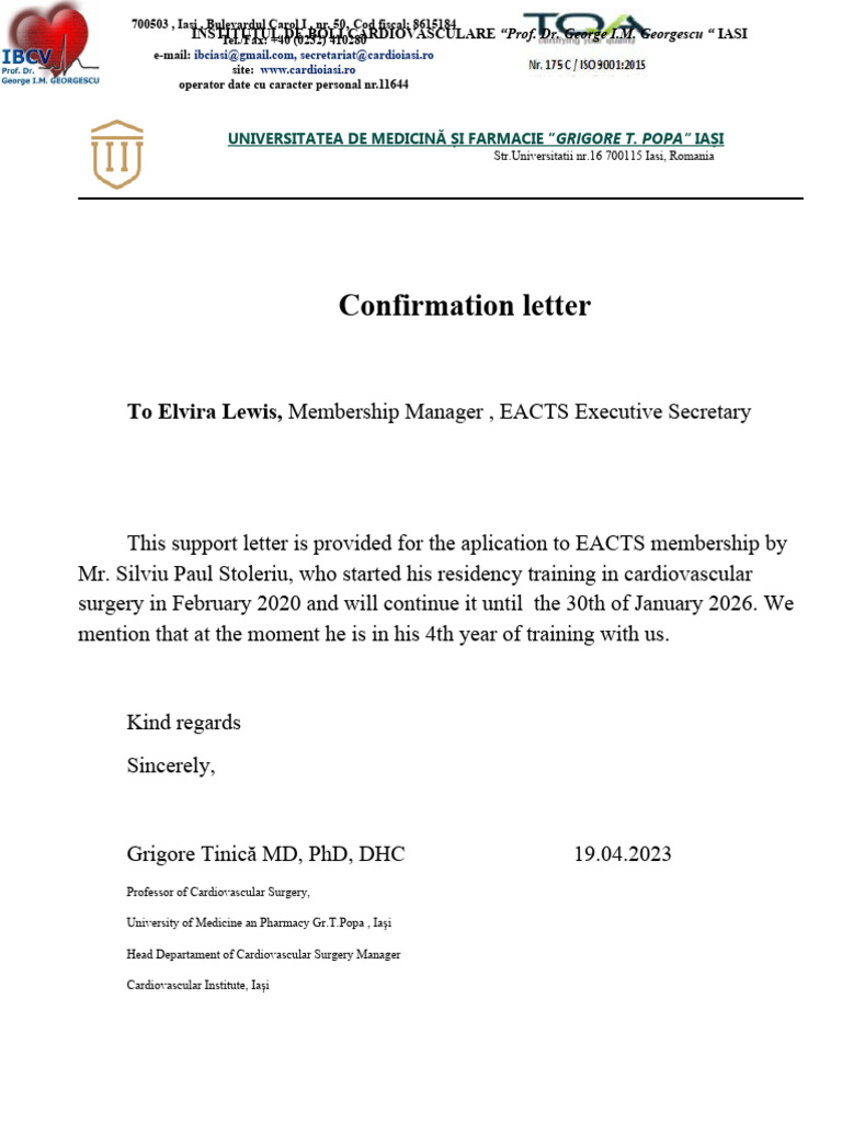 EACTS Membership Support for Stoleriu | PDF