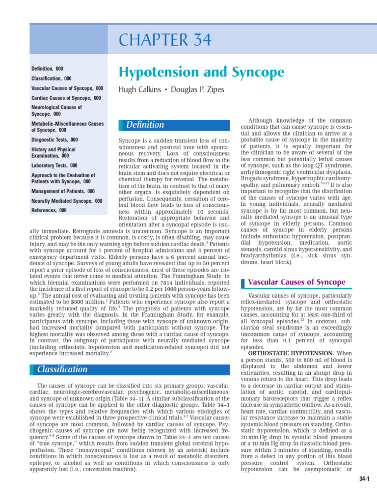 Braunwald 7 - Chapter34 - Hypotension and Syncope | PDF | Echocardiography | Blood Pressure