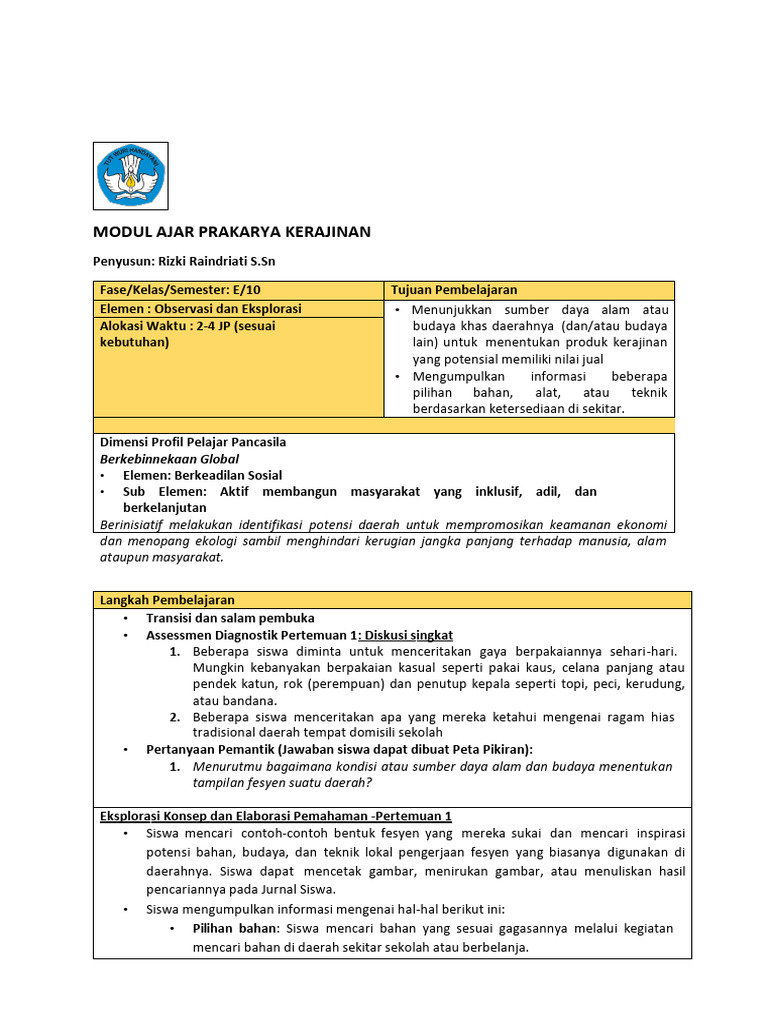 Modul Ajar Prakarya Kerajinan Kelas 10 | PDF