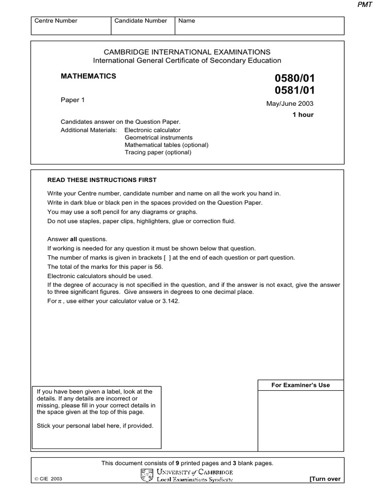 June 2003 QP - Paper 1 CIE Maths IGCSE | PDF | Calculator | Significant Figures