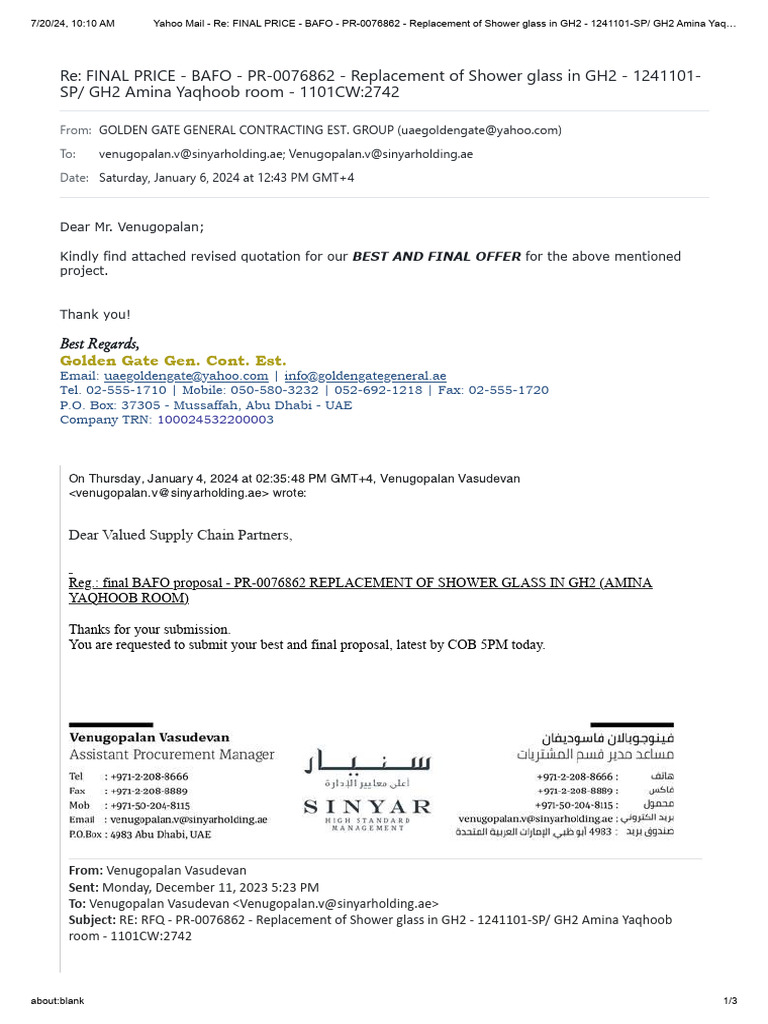 Yahoo Mail - Re - FINAL PRICE - BAFO - PR-0076862 - Replacement of Shower Glass in GH2 - 1241101 ...