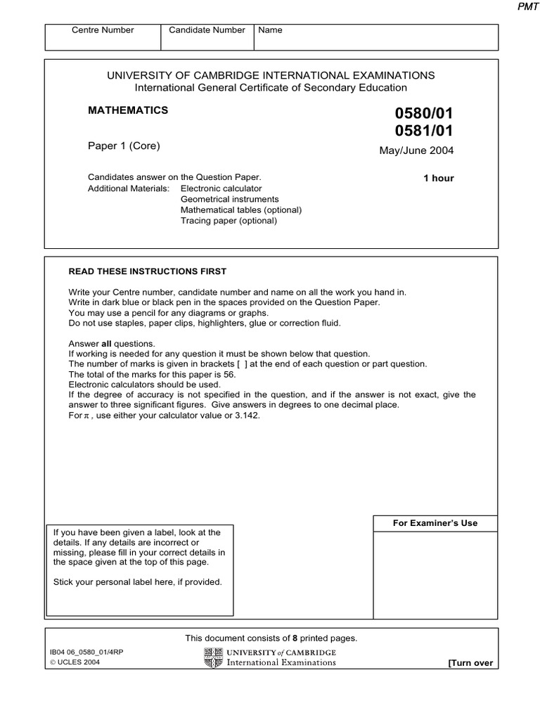 June 2004 QP - Paper 1 CIE Maths IGCSE | PDF | Mathematics