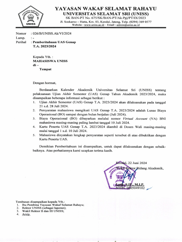Surat Edaran UAS Genap - Mahasiswa | PDF