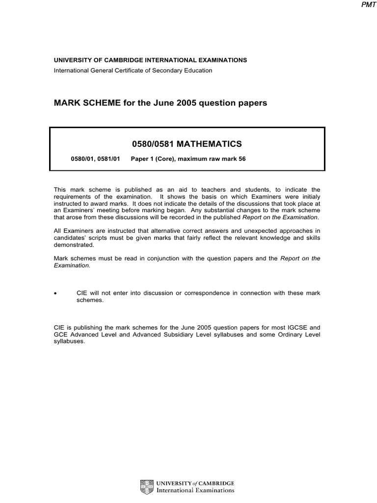 June 2005 MS - Paper 1 CIE Maths IGCSE | PDF | Standardized Tests ...