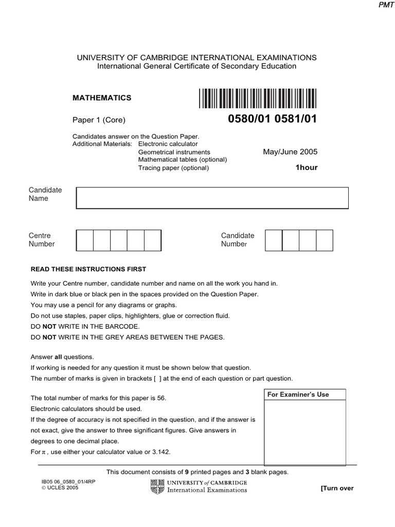 June 2005 Qp Paper 1 Cie Maths Igcse Pdf Significant Figures Mathematics