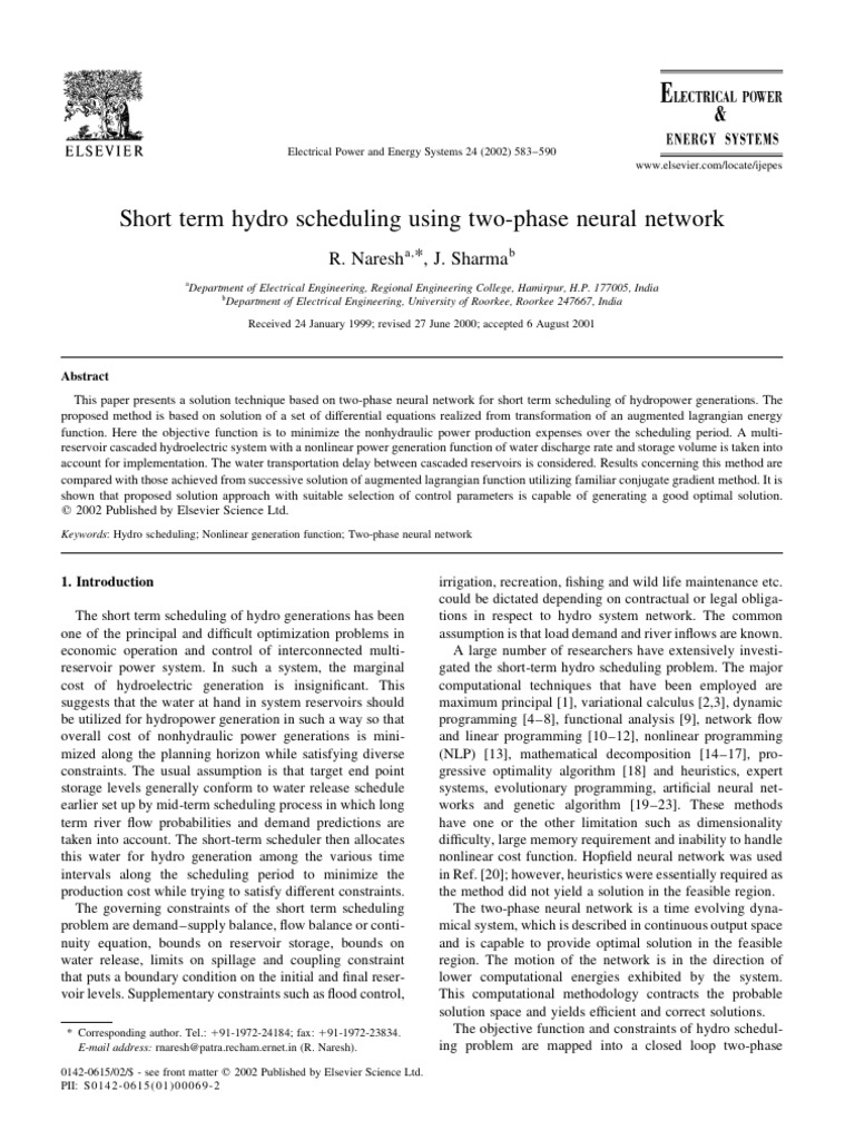 Short Term Hydro Scheduling Using Two-Phase Neural Network: R. Naresh, J. Sharma | PDF ...