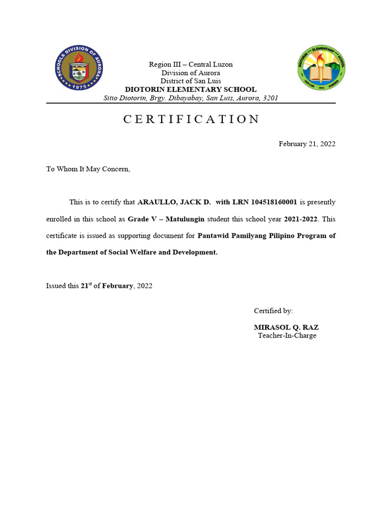Certificate of Enrollment-4Ps | PDF