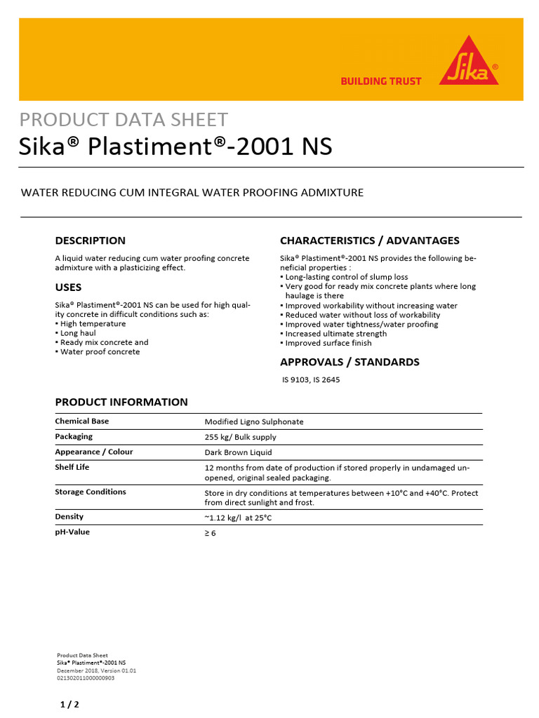 Sika Plastiment - 2001ns | PDF | Concrete | Water