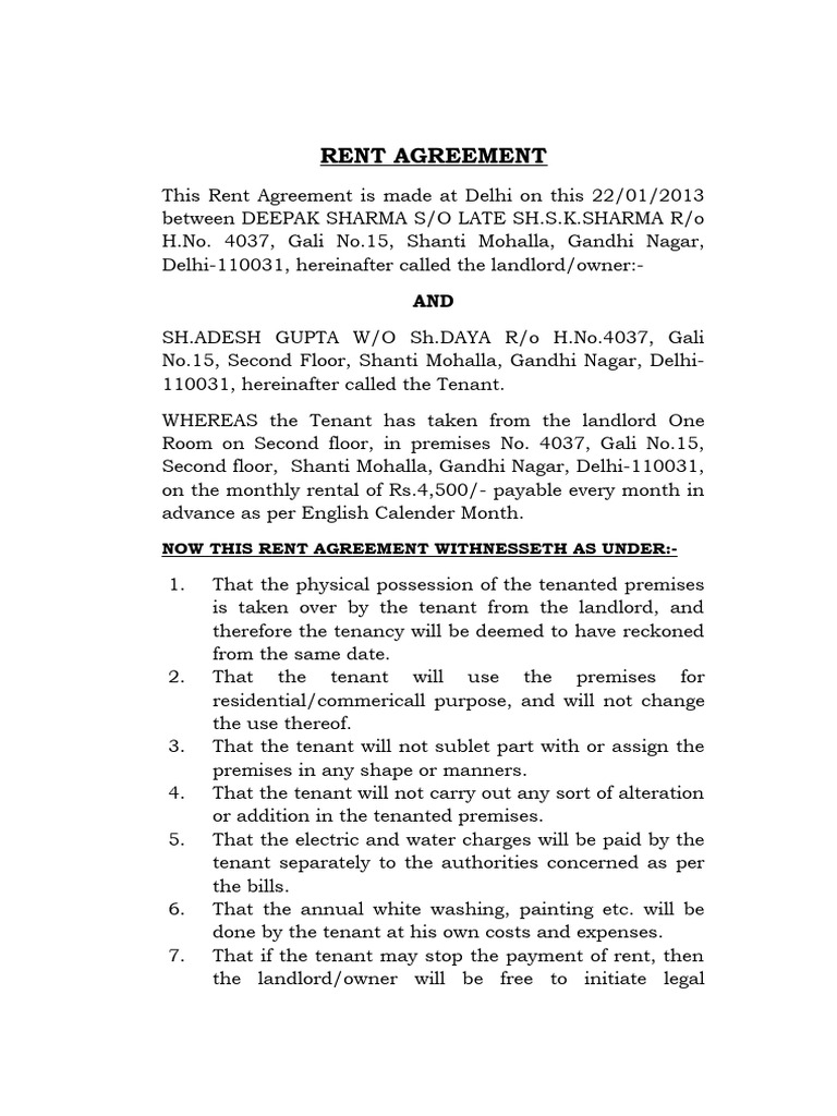 RENT AGREEMENT Deepak Sharma & Adesh Kumar 19.01.2016 | PDF | Leasehold ...