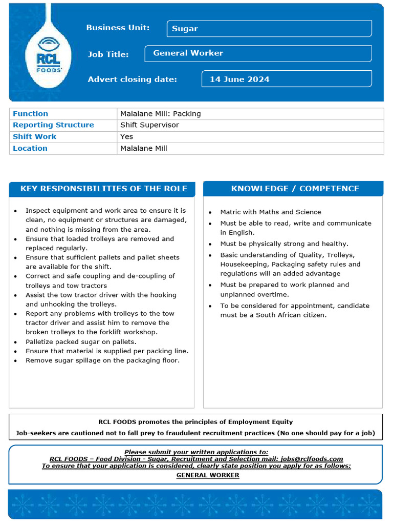 Relief General Worker Position at RCL Foods | PDF | Business