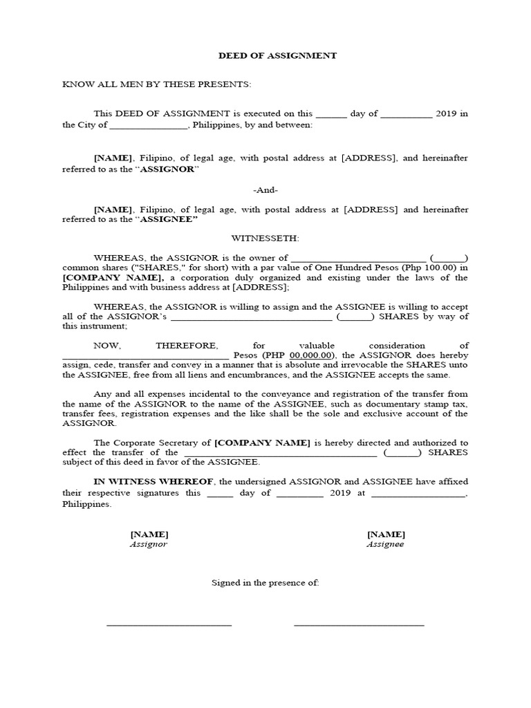 DEED OF ASSIGNMENT Draft | PDF | Assignment (Law) | Natural Resources Law