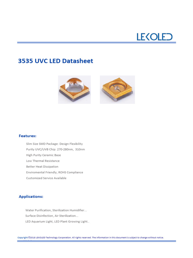 Lkl-Datasheet of 3535 Uvc Led 270-280nm - 1 | PDF | Soldering | Electrical Engineering