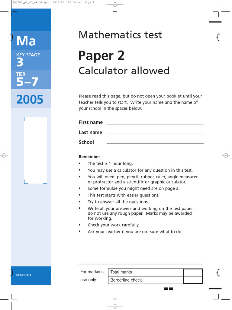 KS3 Mathematics Test Paper 2 | PDF | Equations | Area