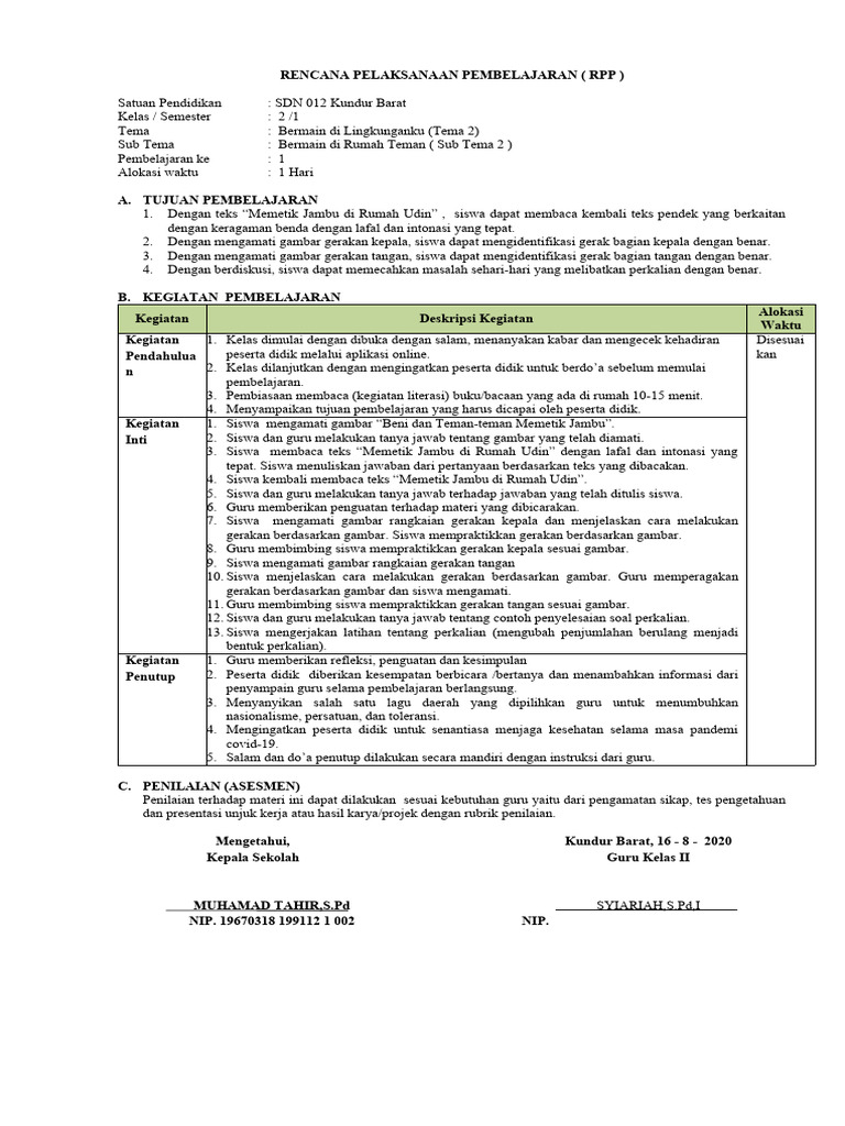 RPP Daring Kelas 2 Tema 2 ST 2 | PDF