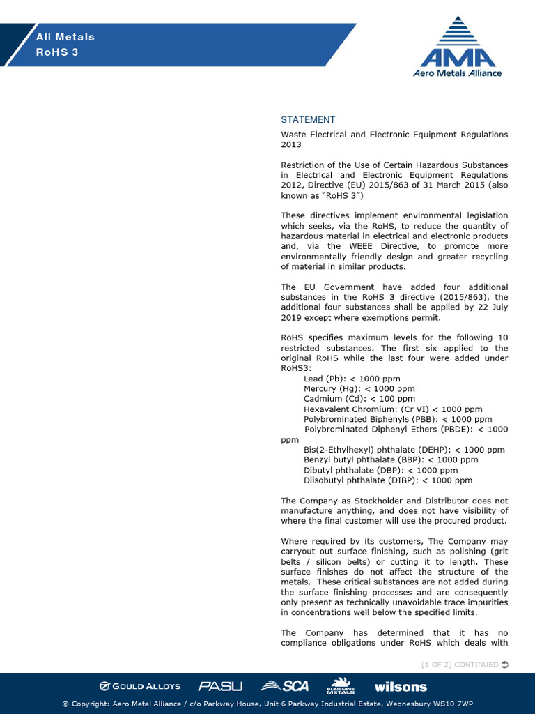 Aero Metal Alliance - All Metals RoHS 3 - 124 | PDF | Human Impact On ...
