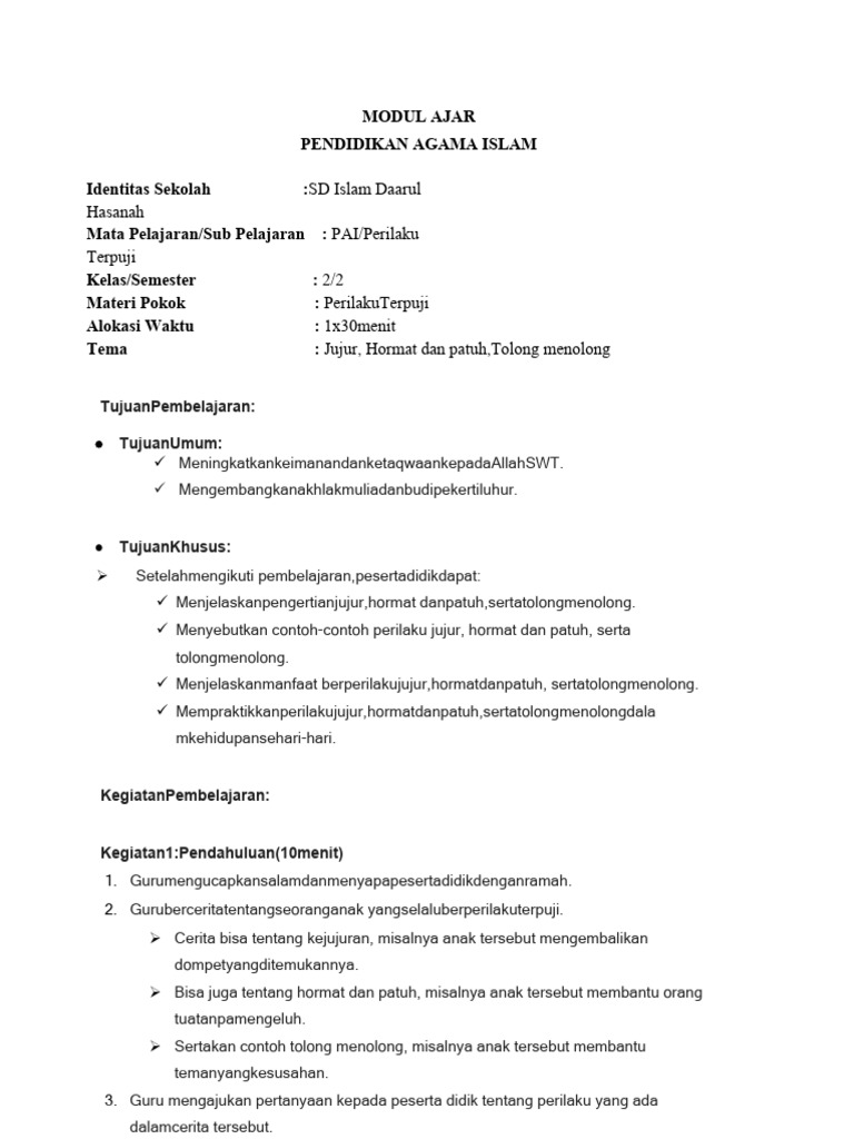 Modul Ajar Pai Kelas 2 SD Tentang Perilaku Terpuji Fix | PDF