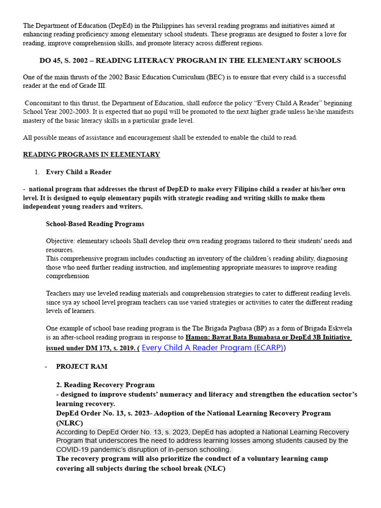 DepEd Order 45: Enhancing Reading Literacy | PDF | Reading ...