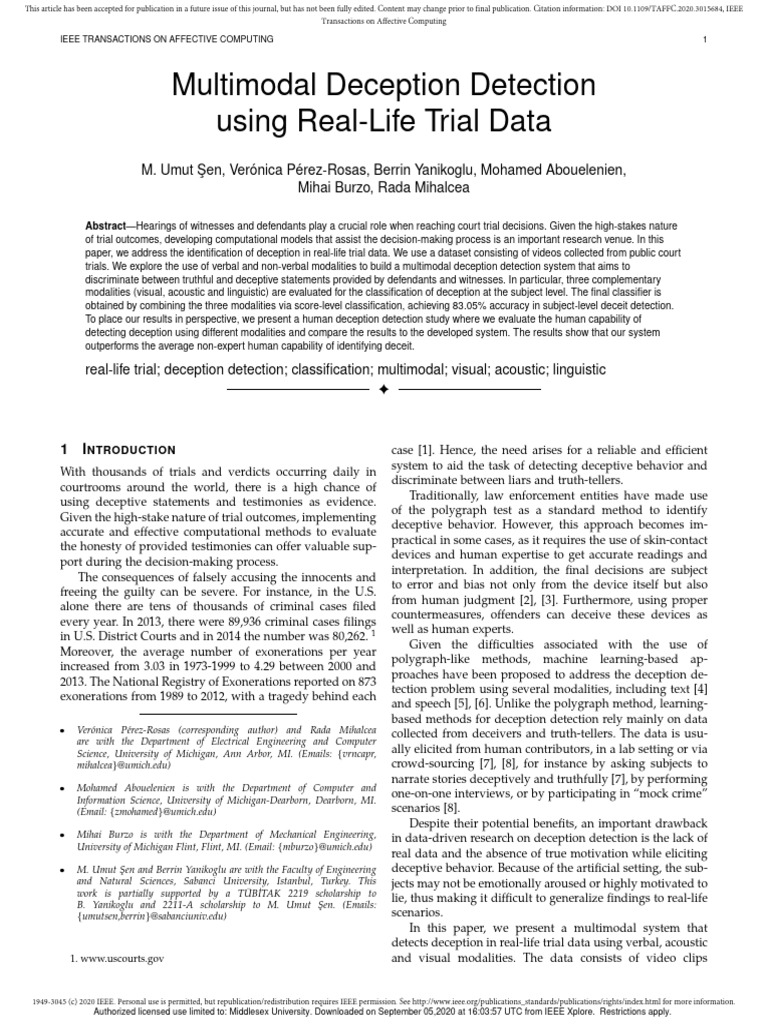 Multimodal Deception Detection Pdf Deception Polygraph