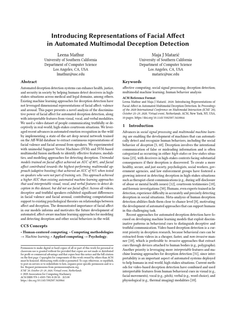 Introducing Representations of Facial Affect in Automated Multimodal Deception Detection | PDF ...