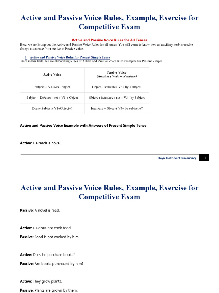 Active and Passive Voice Rules For All Tenses | PDF | Subject (Grammar ...